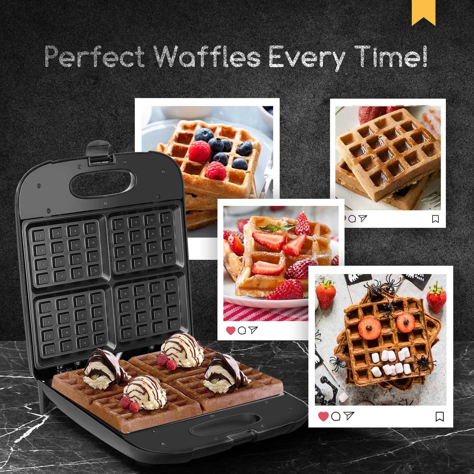 Aigostar Waffle Maker, 2-Slice Nonstick Waffle Iron, 1400W Square Waffle Machine with Indicator Lights for Hash Browns, Snacks, Breakfast & Lunch, Easy to Clean, PFOA Free, ETL Certificated, Black