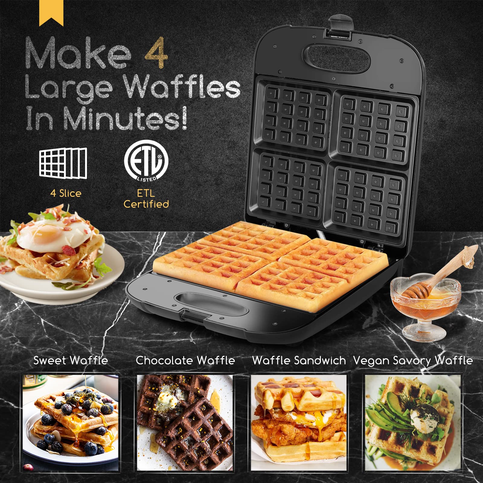 Aigostar Waffle Maker, 2-Slice Nonstick Waffle Iron, 1400W Square Waffle Machine with Indicator Lights for Hash Browns, Snacks, Breakfast & Lunch, Easy to Clean, PFOA Free, ETL Certificated, Black