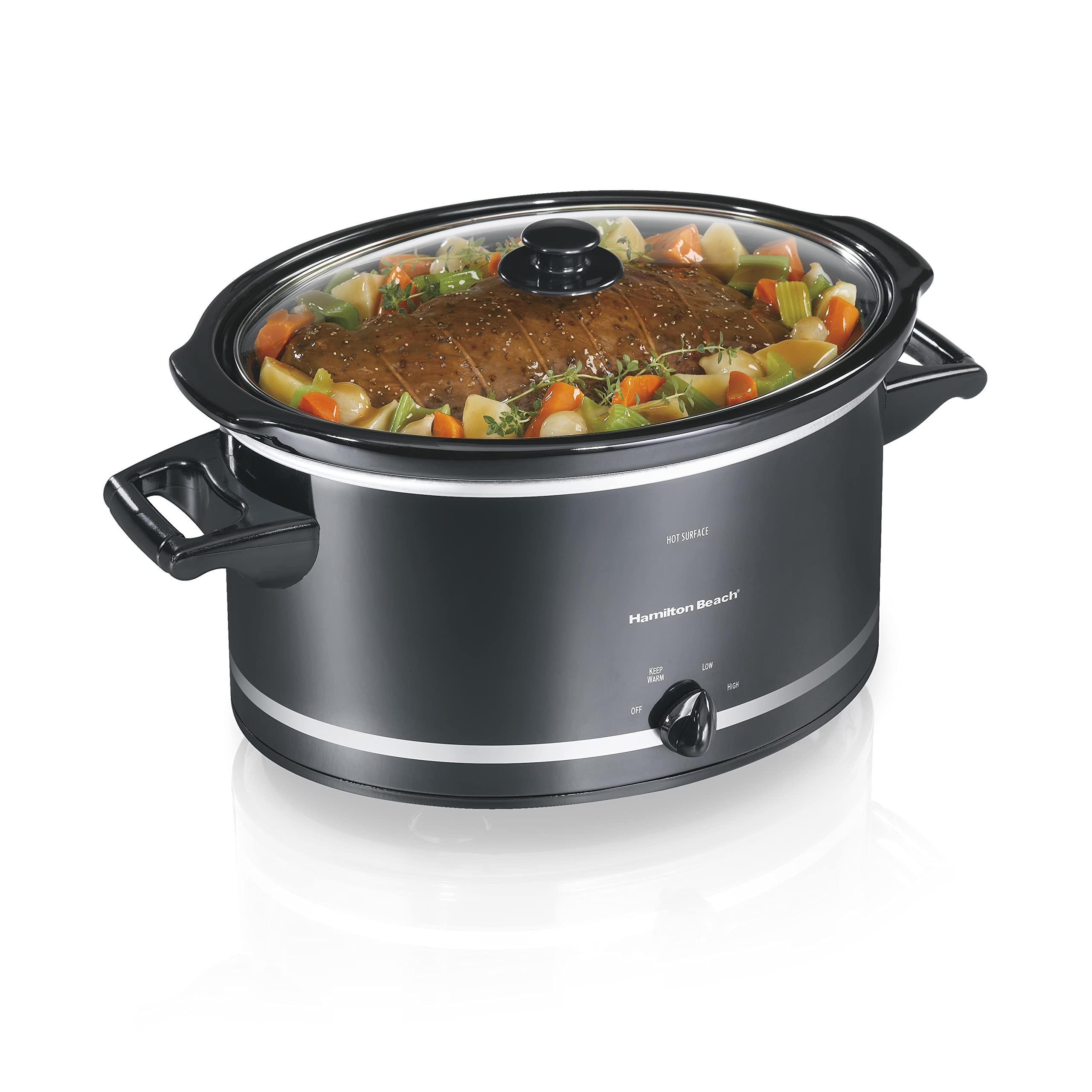 Hamilton Beach Slow Cooker with 3 Cooking Settings, Dishwasher-Safe Stoneware Crock & Glass, 8-Quart Built-In Lid Rest, Black