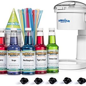 Hawaiian Shaved Ice Snow Cone Machine Package with 6 Flavoring Syrups and Party Ready Accessories