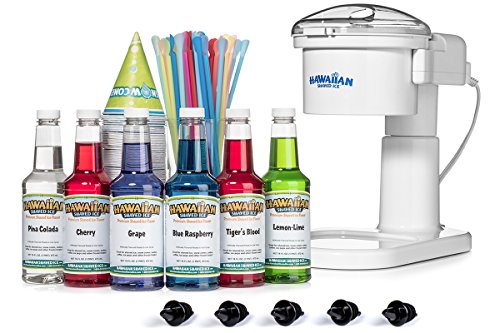 Hawaiian Shaved Ice Snow Cone Machine Package with 6 Flavoring Syrups and Party Ready Accessories