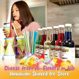 Hawaiian Shaved Ice Snow Cone Machine Package with 6 Flavoring Syrups and Party Ready Accessories