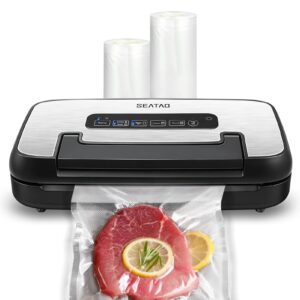 seatao vacuum sealer machine, 80kpa food vacuum sealer machine preservation dry/moist modes, handle locked design, built-in cutter and bag storage, starter kit