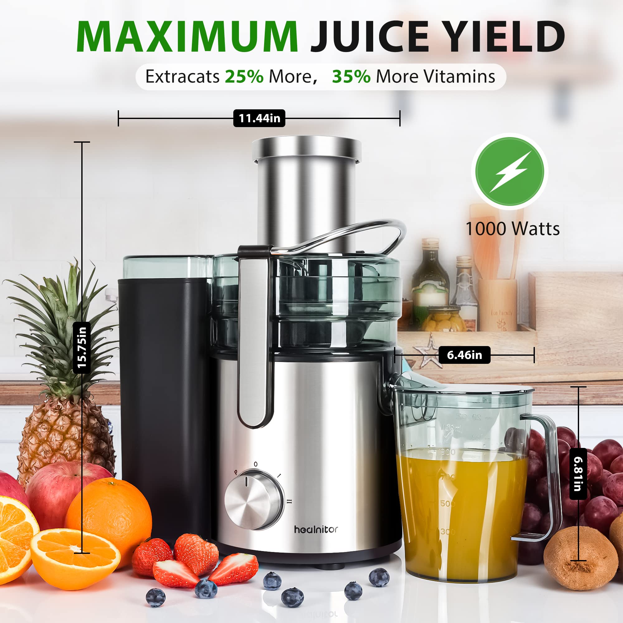 1000W 3-SPEED LED Centrifugal Juicer Machines Vegetable and Fruit, Healnitor Juice Extractor with 3.5" Big Wide Chute, Easy Clean, BPA-Free, High Juice Yield, Silver