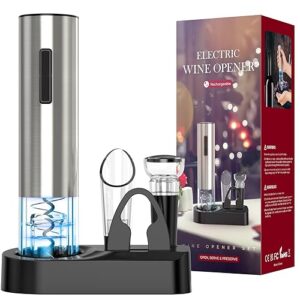 Crenova 6-in-1 Wine Opener Electric Rechargeable Automatic Corkscrew Bottle Opener set with Vacuum Stopper, Aerator Pourer, Foil Cutter, Display Base & USB Charging Cable, Silver