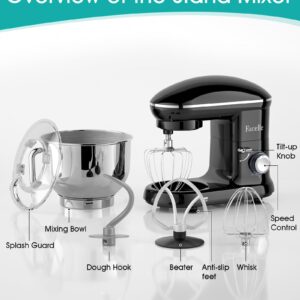 3-IN-1 Electric Stand Mixer, Facelle 6 Speed Kitchen Mixer with Pulse Button, Attachments include 6.5QT Bowl, Dishwasher Safe Beater,Dough Hook,Whisk,Splash Guard for Dough,Baking,Cakes,Cookie (Black)