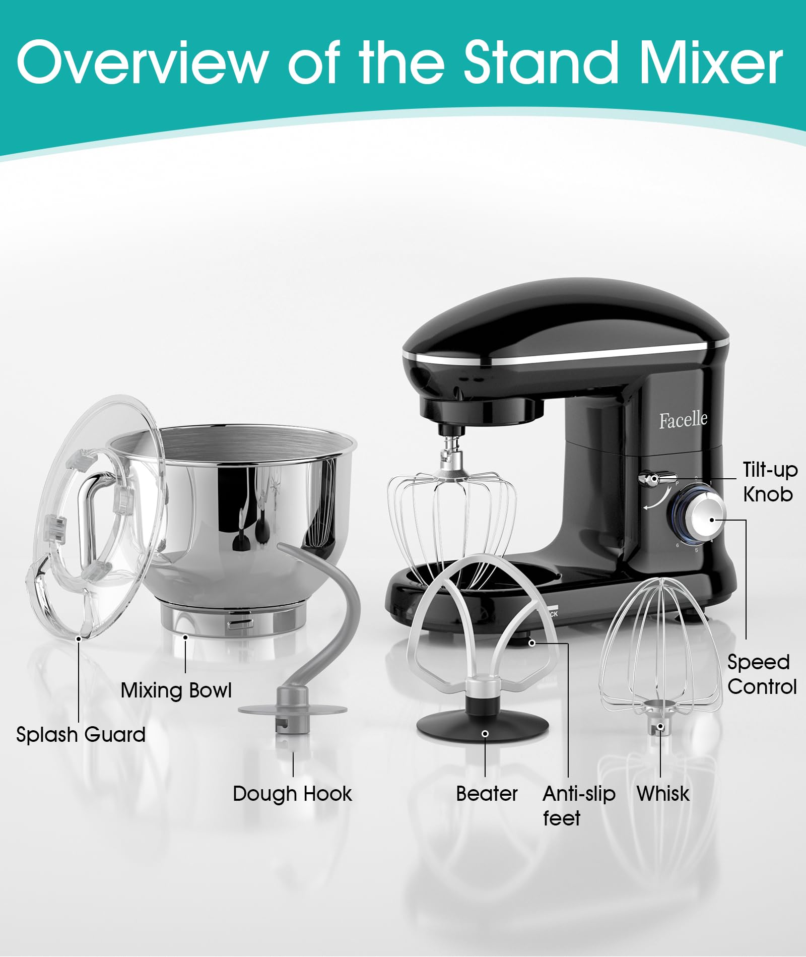 3-IN-1 Electric Stand Mixer, Facelle 6 Speed Kitchen Mixer with Pulse Button, Attachments include 6.5QT Bowl, Dishwasher Safe Beater,Dough Hook,Whisk,Splash Guard for Dough,Baking,Cakes,Cookie (Black)