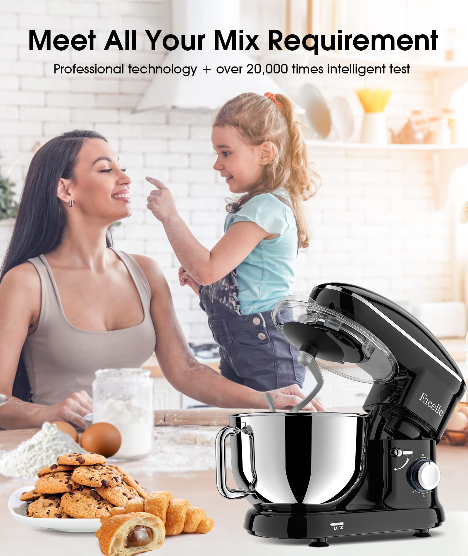 3-IN-1 Electric Stand Mixer, Facelle 6 Speed Kitchen Mixer with Pulse Button, Attachments include 6.5QT Bowl, Dishwasher Safe Beater,Dough Hook,Whisk,Splash Guard for Dough,Baking,Cakes,Cookie (Black)