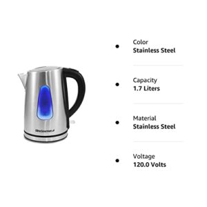 Elite Gourmet EKT-1271# Ultimate 1.7 Liter Electric Kettle – Stainless Steel Design & Cordless 360° Base, Stylish Blue LED Interior, Handy Auto Shut-Off Function – Quickly Boil Water For Tea & More