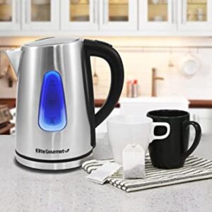 Elite Gourmet EKT-1271# Ultimate 1.7 Liter Electric Kettle – Stainless Steel Design & Cordless 360° Base, Stylish Blue LED Interior, Handy Auto Shut-Off Function – Quickly Boil Water For Tea & More