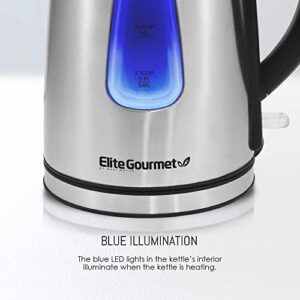 Elite Gourmet EKT-1271# Ultimate 1.7 Liter Electric Kettle – Stainless Steel Design & Cordless 360° Base, Stylish Blue LED Interior, Handy Auto Shut-Off Function – Quickly Boil Water For Tea & More