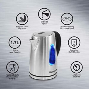 Elite Gourmet EKT-1271# Ultimate 1.7 Liter Electric Kettle – Stainless Steel Design & Cordless 360° Base, Stylish Blue LED Interior, Handy Auto Shut-Off Function – Quickly Boil Water For Tea & More