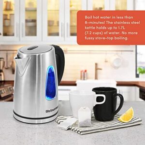 Elite Gourmet EKT-1271# Ultimate 1.7 Liter Electric Kettle – Stainless Steel Design & Cordless 360° Base, Stylish Blue LED Interior, Handy Auto Shut-Off Function – Quickly Boil Water For Tea & More