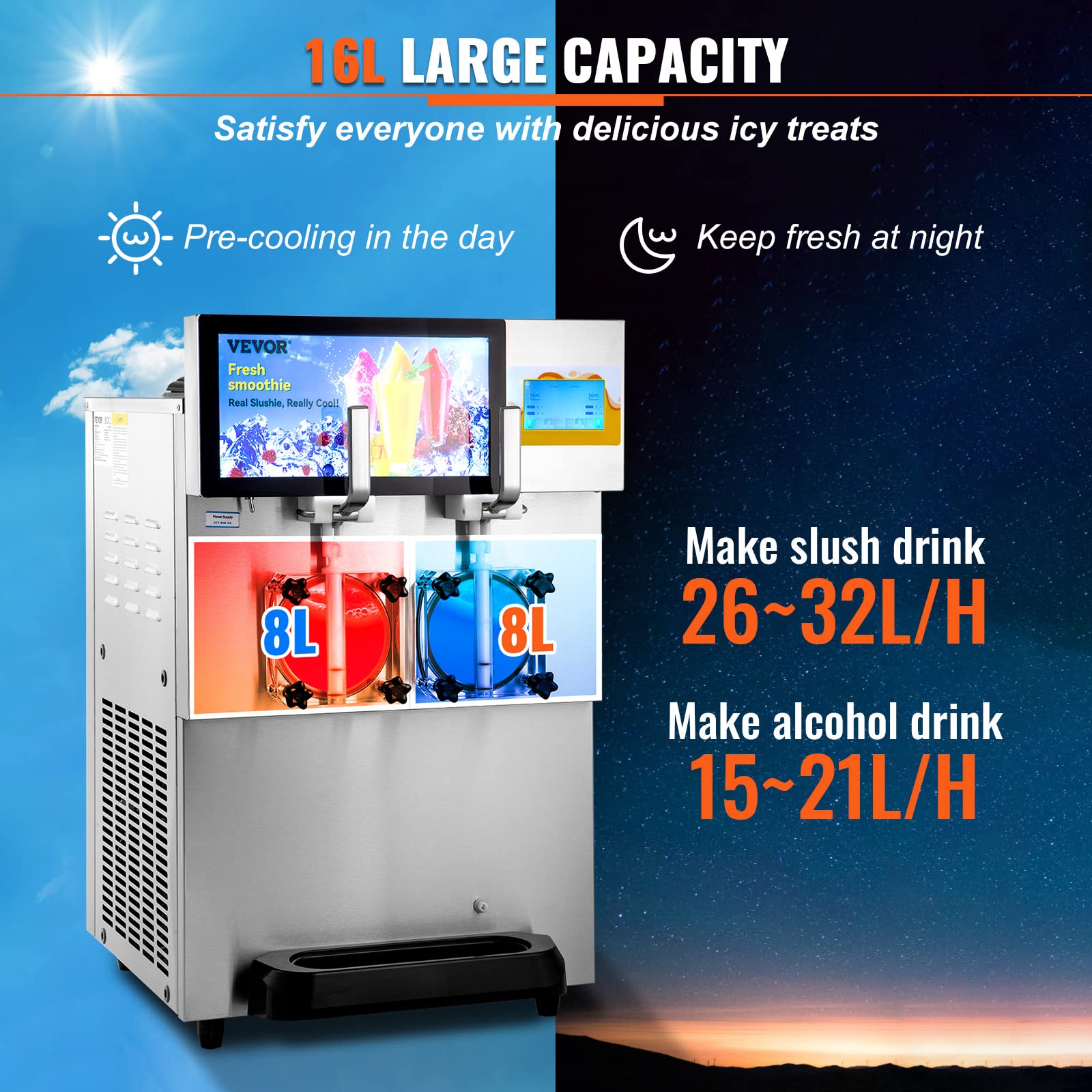 VEVOR Commercial Slushy Machine, 8L/2.1 Gal Double Bowl, Cool and Freeze Modes, 1800W Stainless Steel Margarita Smoothie Frozen Drink Maker, Slushie Machines for Party Cafes Restaurants Bars Home Use