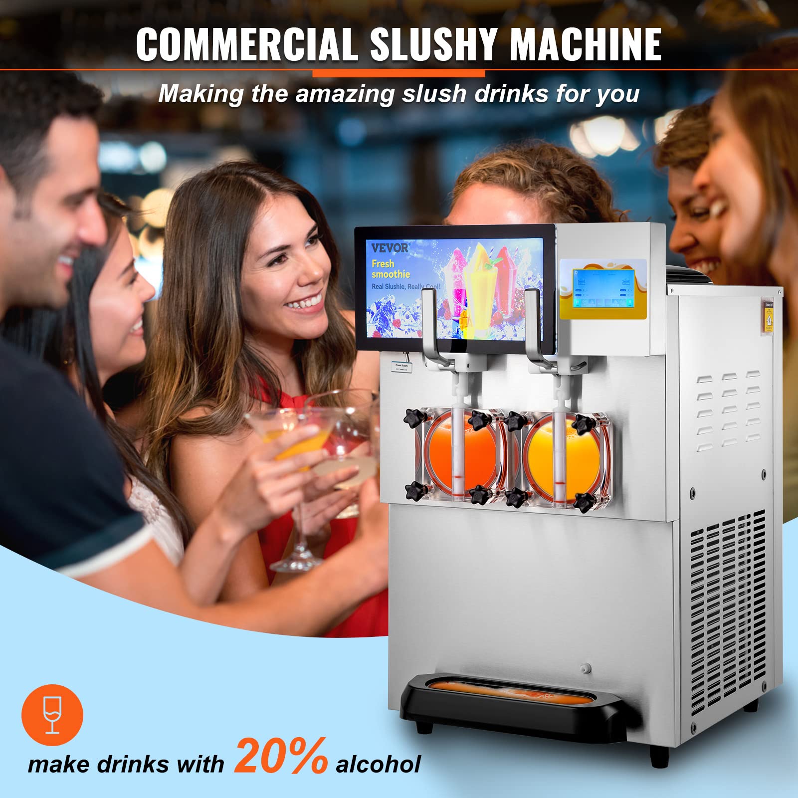 VEVOR Commercial Slushy Machine, 8L/2.1 Gal Double Bowl, Cool and Freeze Modes, 1800W Stainless Steel Margarita Smoothie Frozen Drink Maker, Slushie Machines for Party Cafes Restaurants Bars Home Use