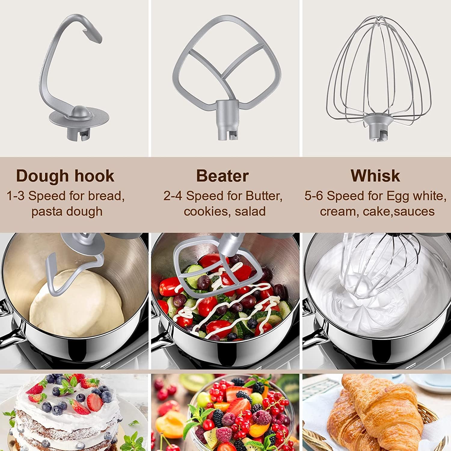 Stand Mixer, Zuccie 660W Mixers Kitchen Electric Stand Mixer, 6+P-Speed Cake Mixer with Dough Hook, Wire Whip & Beater and Splash Guard (8L, Gray-8L)