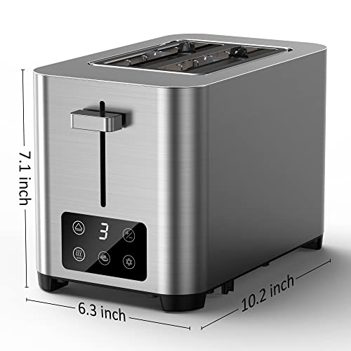 Toaster 2 Slice Extra-Wide 1.57” Slots, REDMOND Stainless Steel Toaster with LED Display, 6 Bread Shade Settings, Defrost/Bagel/Reheat/Cancel Functions and Removable Crumb Tray - 2 Slice