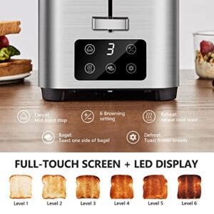 Toaster 2 Slice Extra-Wide 1.57” Slots, REDMOND Stainless Steel Toaster with LED Display, 6 Bread Shade Settings, Defrost/Bagel/Reheat/Cancel Functions and Removable Crumb Tray - 2 Slice