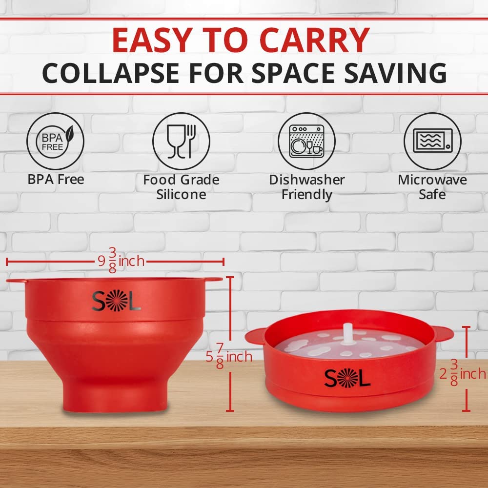 SOL - Heat-Resistant Cooking Utensil Set Microwave Silicone Popcorn Maker with Lid and BPA Free,Heat Resistant Silicone Popcorn Maker Collapsible Bowl 10 X 8 X 6 Inches - Red