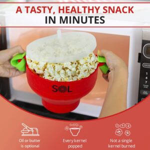 SOL - Heat-Resistant Cooking Utensil Set Microwave Silicone Popcorn Maker with Lid and BPA Free,Heat Resistant Silicone Popcorn Maker Collapsible Bowl 10 X 8 X 6 Inches - Red