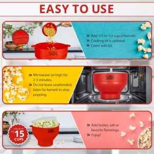 SOL - Heat-Resistant Cooking Utensil Set Microwave Silicone Popcorn Maker with Lid and BPA Free,Heat Resistant Silicone Popcorn Maker Collapsible Bowl 10 X 8 X 6 Inches - Red