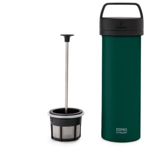 ESPRO – P0 Ultralight – Single Serve French Coffee Press and Lightweight Hydration Bottle for Travel, Camping and Everyday use, Stainless steel, Vacuum Insulated 16 oz (Green)