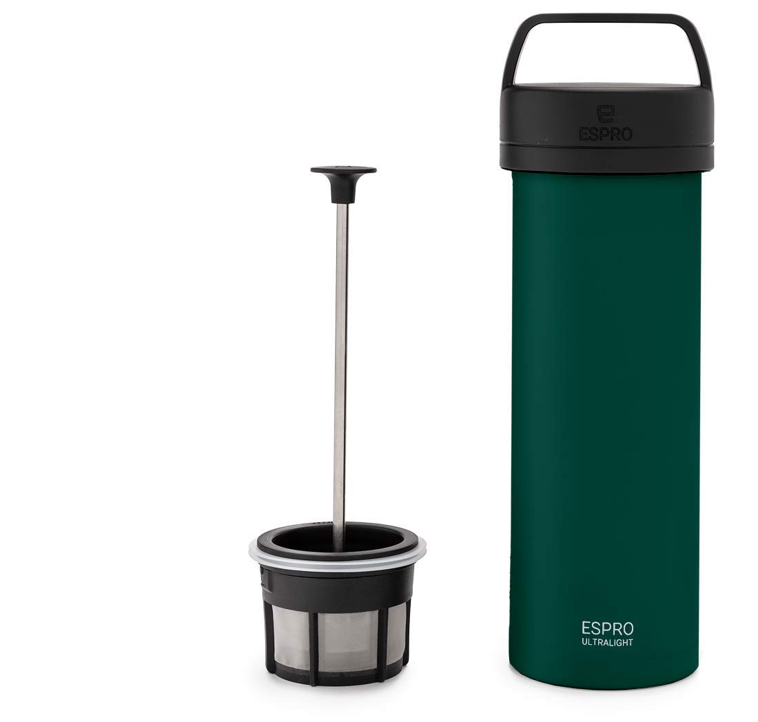 ESPRO – P0 Ultralight – Single Serve French Coffee Press and Lightweight Hydration Bottle for Travel, Camping and Everyday use, Stainless steel, Vacuum Insulated 16 oz (Green)