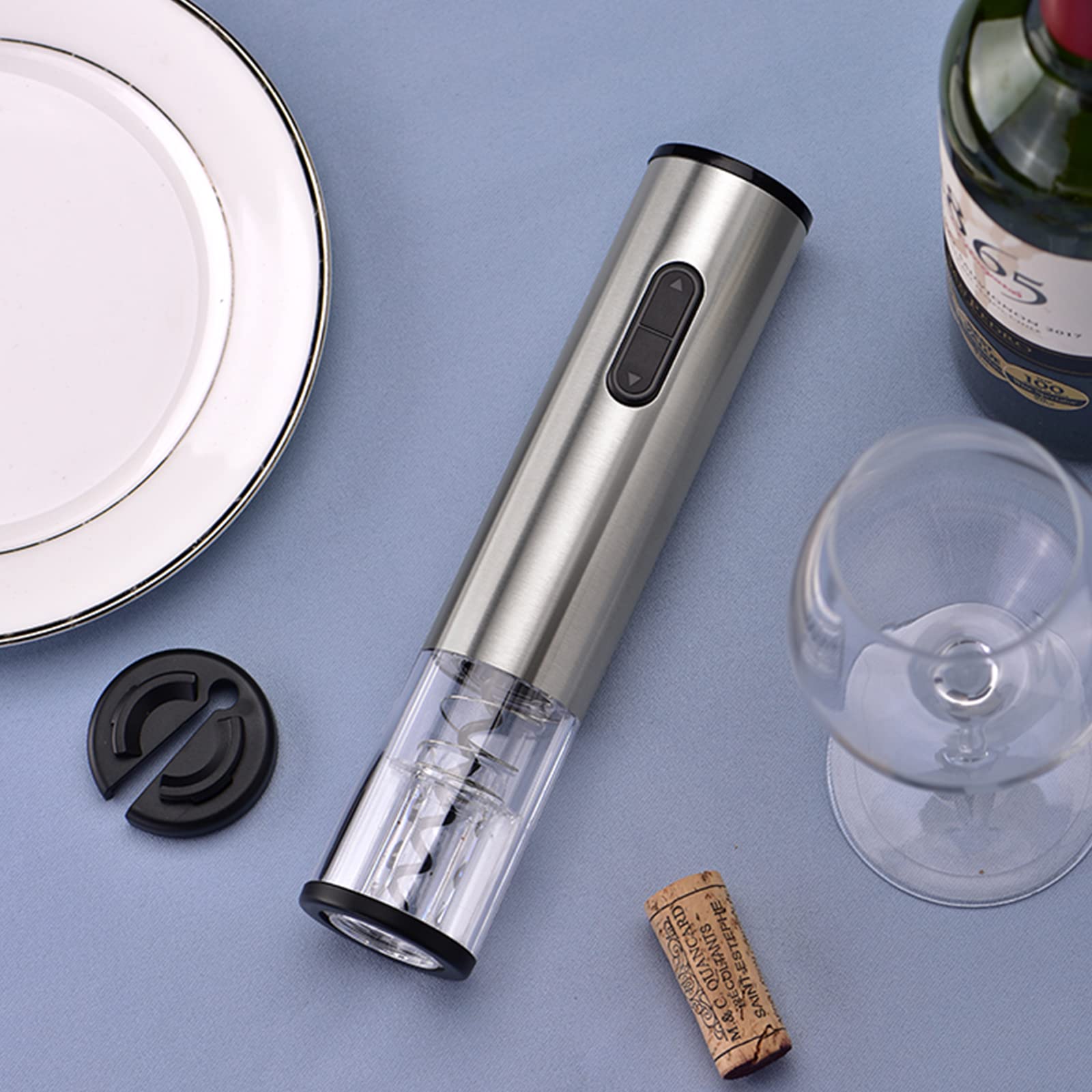 SimpleKitchen Electric Wine Opener, Automatic Electric Wine Bottle Corkscrew Opener with Foil Cutter, Battery Operated (Silver)