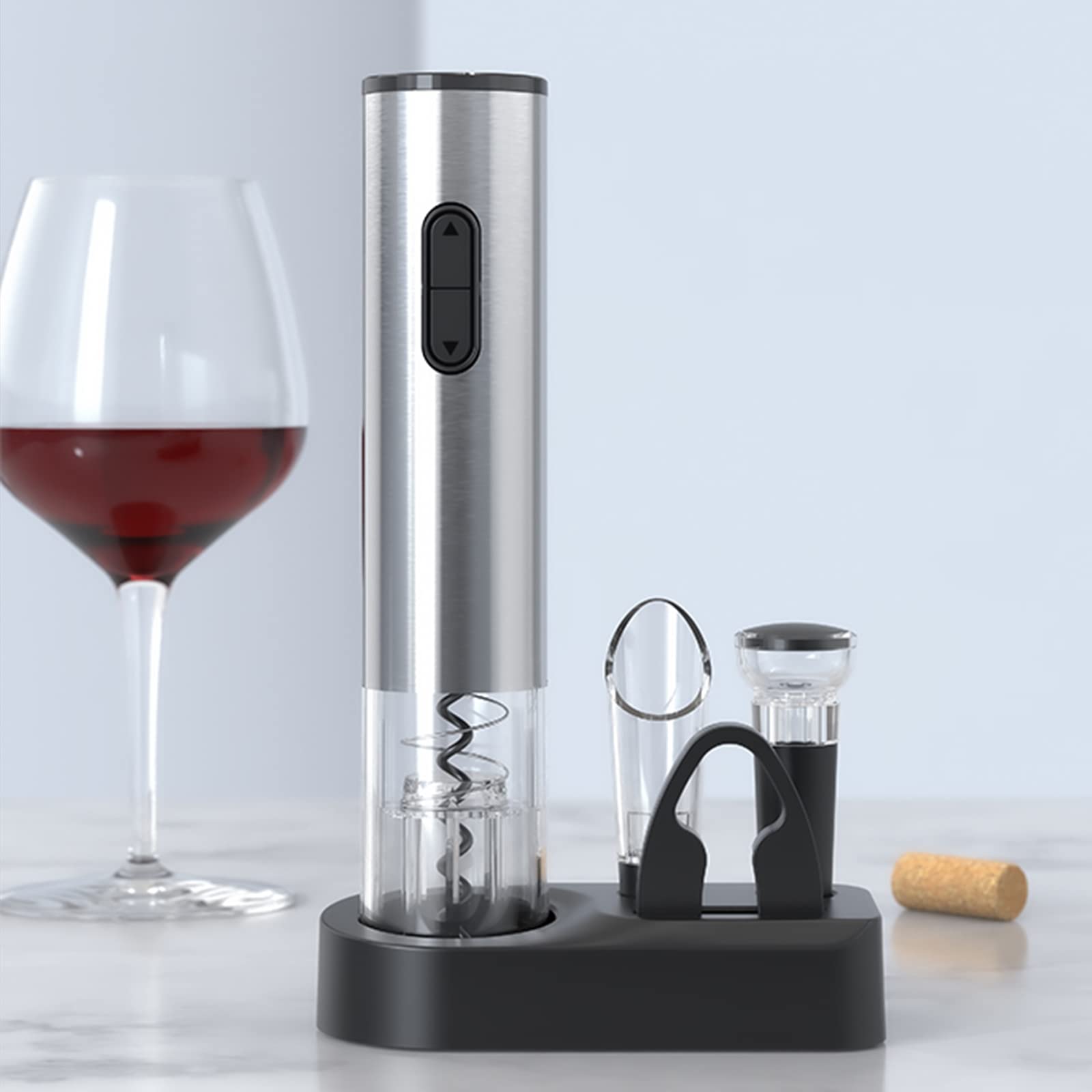 SimpleKitchen Electric Wine Opener, Automatic Electric Wine Bottle Corkscrew Opener with Foil Cutter, Battery Operated (Silver)