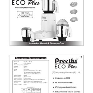 Preethi Eco Plus Mixer Grinder 110 Volts - Free Service Kit Included (3 Jar with Extra 1.75L Jar)