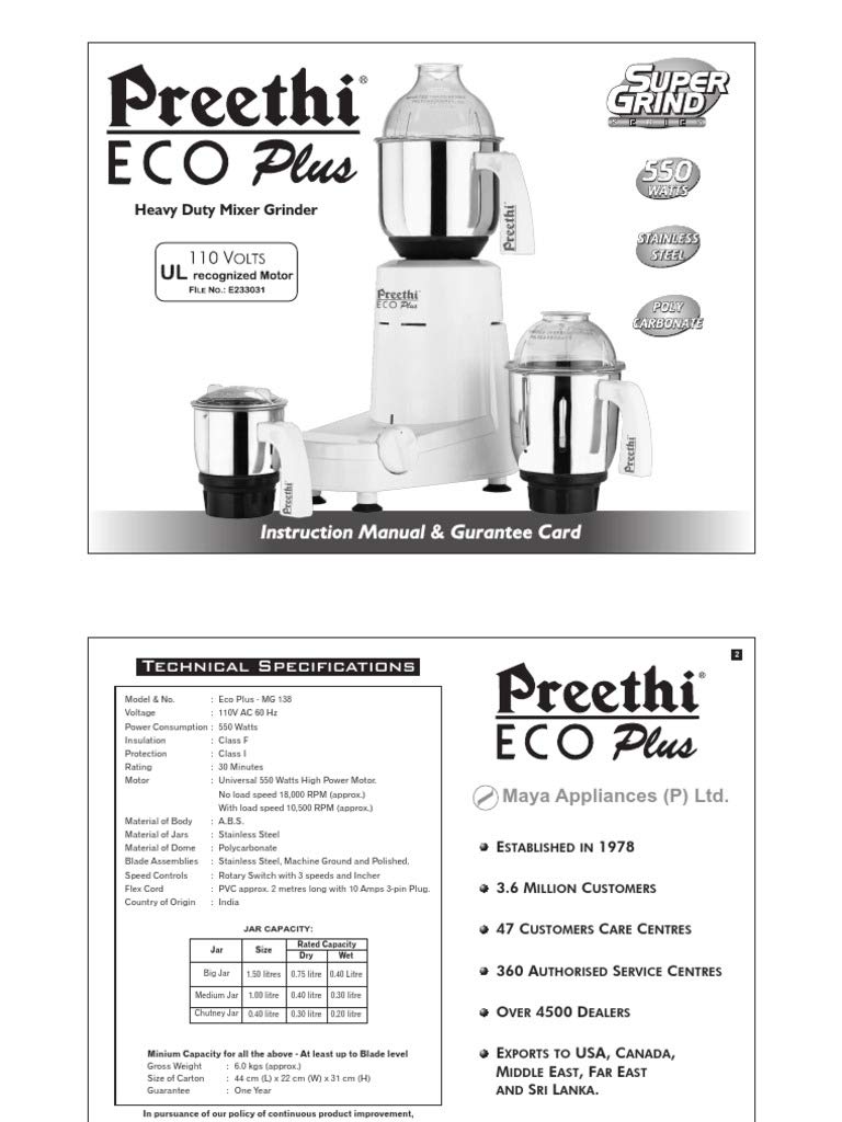 Preethi Eco Plus Mixer Grinder 110 Volts - Free Service Kit Included (3 Jar with Extra 1.75L Jar)