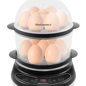 Elite Gourmet EGC314CB Digital Easy Egg Cooker Food Steamer, Poacher, Omelet, Soft, Medium, Hard-Boiled Egg with 6 Programmed Preset Functions, 2-Tiers, Measuring Cup, BPA Free, 14 egg capacity, Black