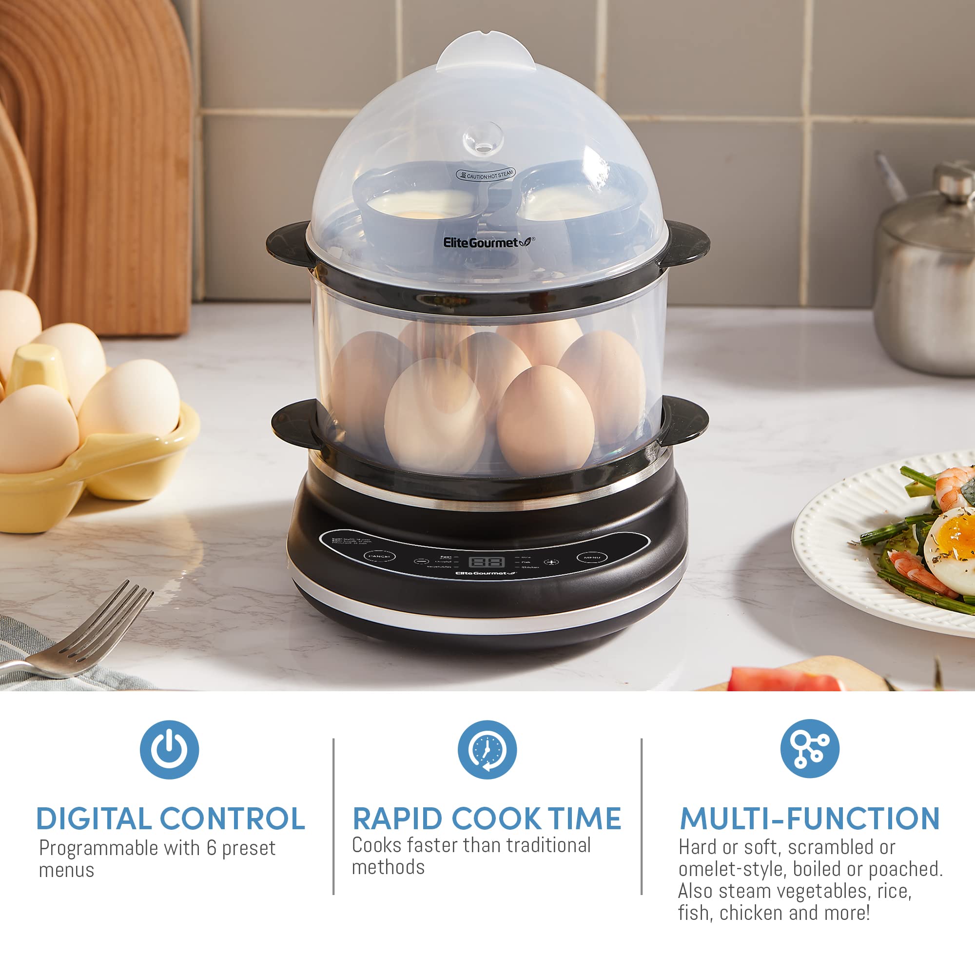 Elite Gourmet EGC314CB Digital Easy Egg Cooker Food Steamer, Poacher, Omelet, Soft, Medium, Hard-Boiled Egg with 6 Programmed Preset Functions, 2-Tiers, Measuring Cup, BPA Free, 14 egg capacity, Black