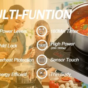 Weceleh Portable Induction Cooktop, 1800W Induction Burner with Ultra Thin Body, 9 Power Levels Induction Hot Plate, Induction Stove Top Cooker with 3-hour Timer, Child Safety Lock, Black (Plug In)