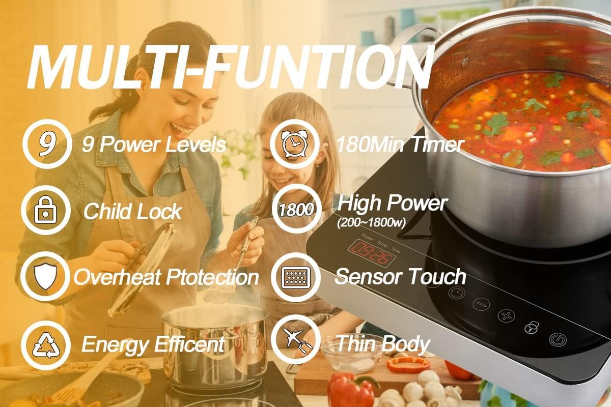 Weceleh Portable Induction Cooktop, 1800W Induction Burner with Ultra Thin Body, 9 Power Levels Induction Hot Plate, Induction Stove Top Cooker with 3-hour Timer, Child Safety Lock, Black (Plug In)