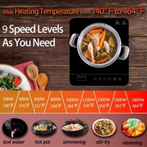 Weceleh Portable Induction Cooktop, 1800W Induction Burner with Ultra Thin Body, 9 Power Levels Induction Hot Plate, Induction Stove Top Cooker with 3-hour Timer, Child Safety Lock, Black (Plug In)