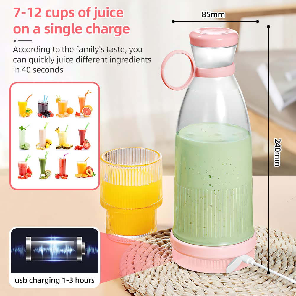 Globalstore Portable 12oz Mini Blender, USB Rechargeable, 40 Seconds Quick Juicing, Smart Safety Protection, Can Be Made At Any Time, Large Capacity and Easy to Clean