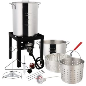 rovsun 30qt turkey fryer & 10qt fish fryer kit w/ 55,000btu propane stove, aluminum outdoor deep fryer & seafood boiler steamer w/baskets, thermometer, marinade injector, turkey rack & rack lifter