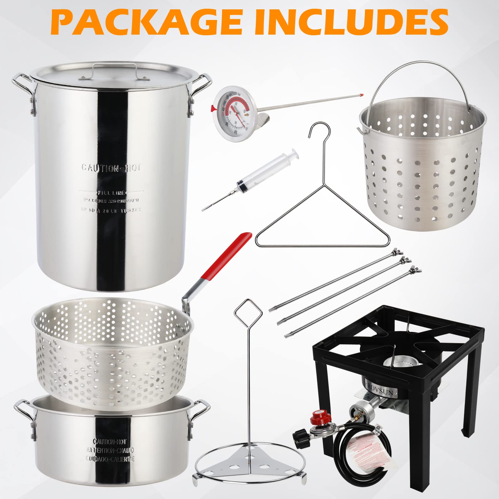 ROVSUN 30QT Turkey Fryer & 10QT Fish Fryer Kit w/ 55,000BTU Propane Stove, Aluminum Outdoor Deep Fryer & Seafood Boiler Steamer w/Baskets, Thermometer, Marinade Injector, Turkey Rack & Rack Lifter