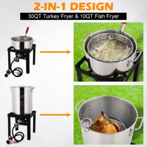 ROVSUN 30QT Turkey Fryer & 10QT Fish Fryer Kit w/ 55,000BTU Propane Stove, Aluminum Outdoor Deep Fryer & Seafood Boiler Steamer w/Baskets, Thermometer, Marinade Injector, Turkey Rack & Rack Lifter