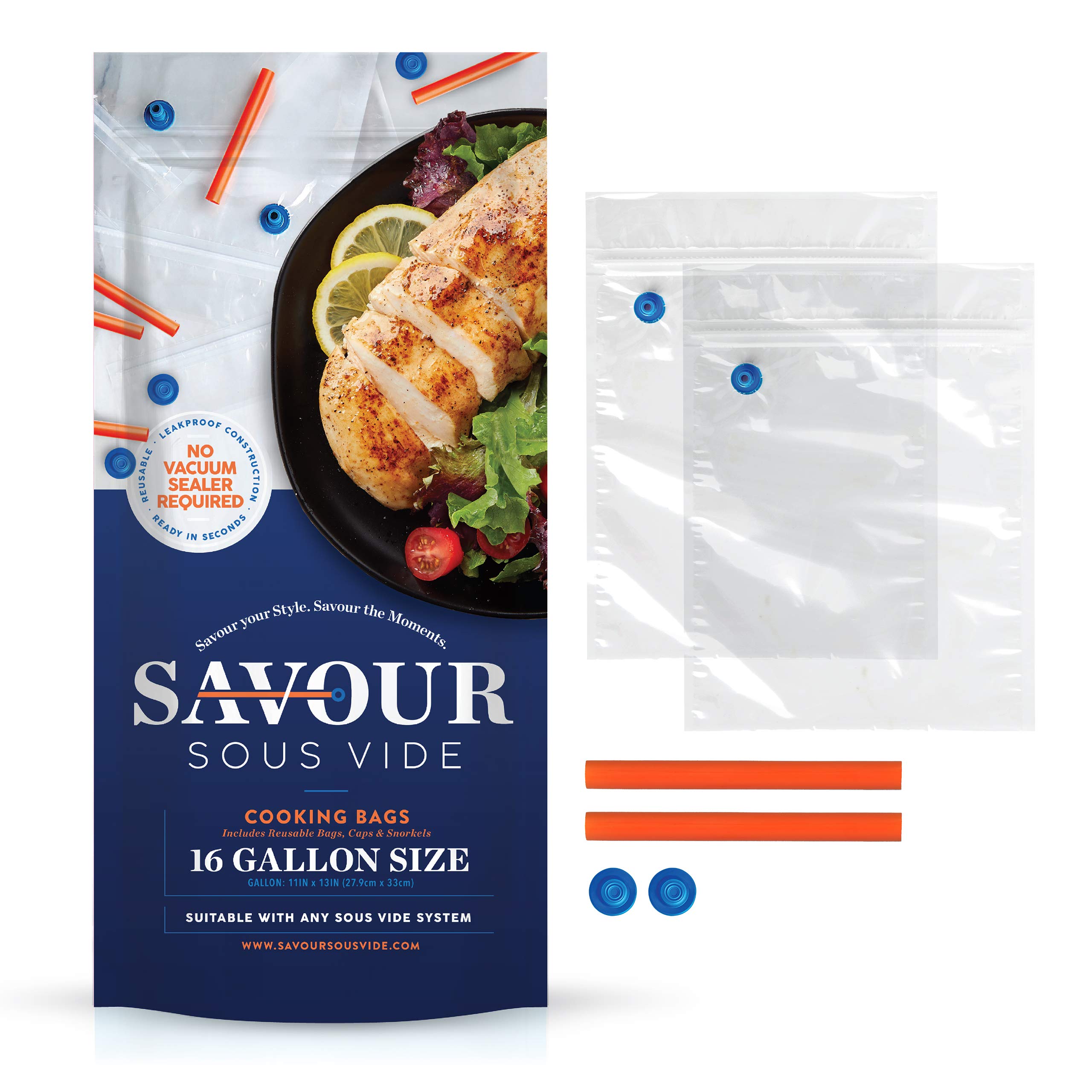 Savour Sous Vide bags - Gallon and Quart size BPA Free Sous Vide Bags, Bags for All Sous Vide Cooking including Anova and Joule Cookers, Simple and Fast to Use, Seals in Seconds (Gallon)