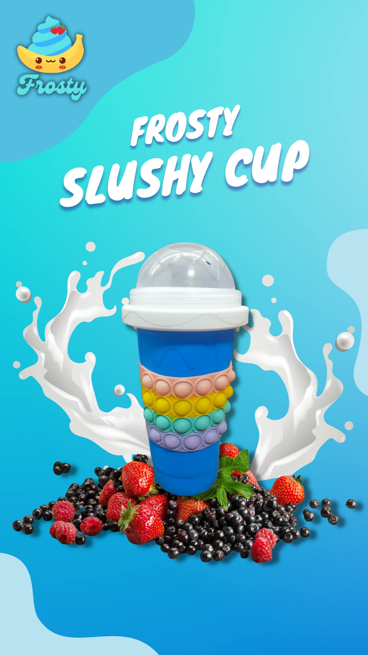 FROSTY - Magic Slushy Maker Squeeze Cup - Tiktok Smoothie- Frozen Drink - Soda Slushie - Ice Cream - Bonus Straw Spoon, Brush Cleaner, Pop It Squeeze Sleeve & Recipe