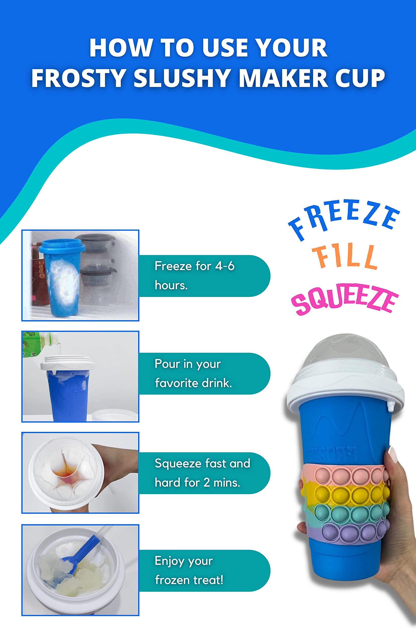 FROSTY - Magic Slushy Maker Squeeze Cup - Tiktok Smoothie- Frozen Drink - Soda Slushie - Ice Cream - Bonus Straw Spoon, Brush Cleaner, Pop It Squeeze Sleeve & Recipe