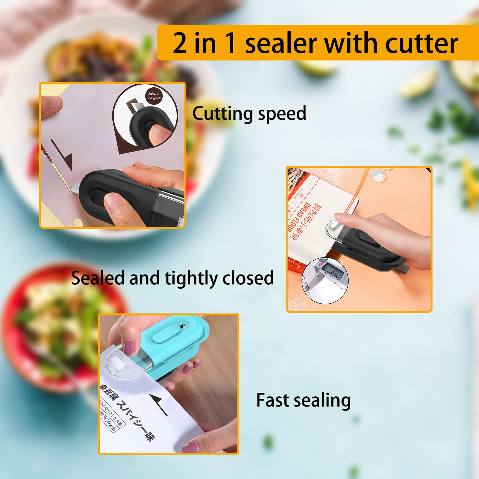 Mini Bag Sealer,Handheld Portable Bag Sealing Machine,2 in 1 Heat Sealer with cutter,Sealer for Plastic Bag Food Snack Storage (Black)