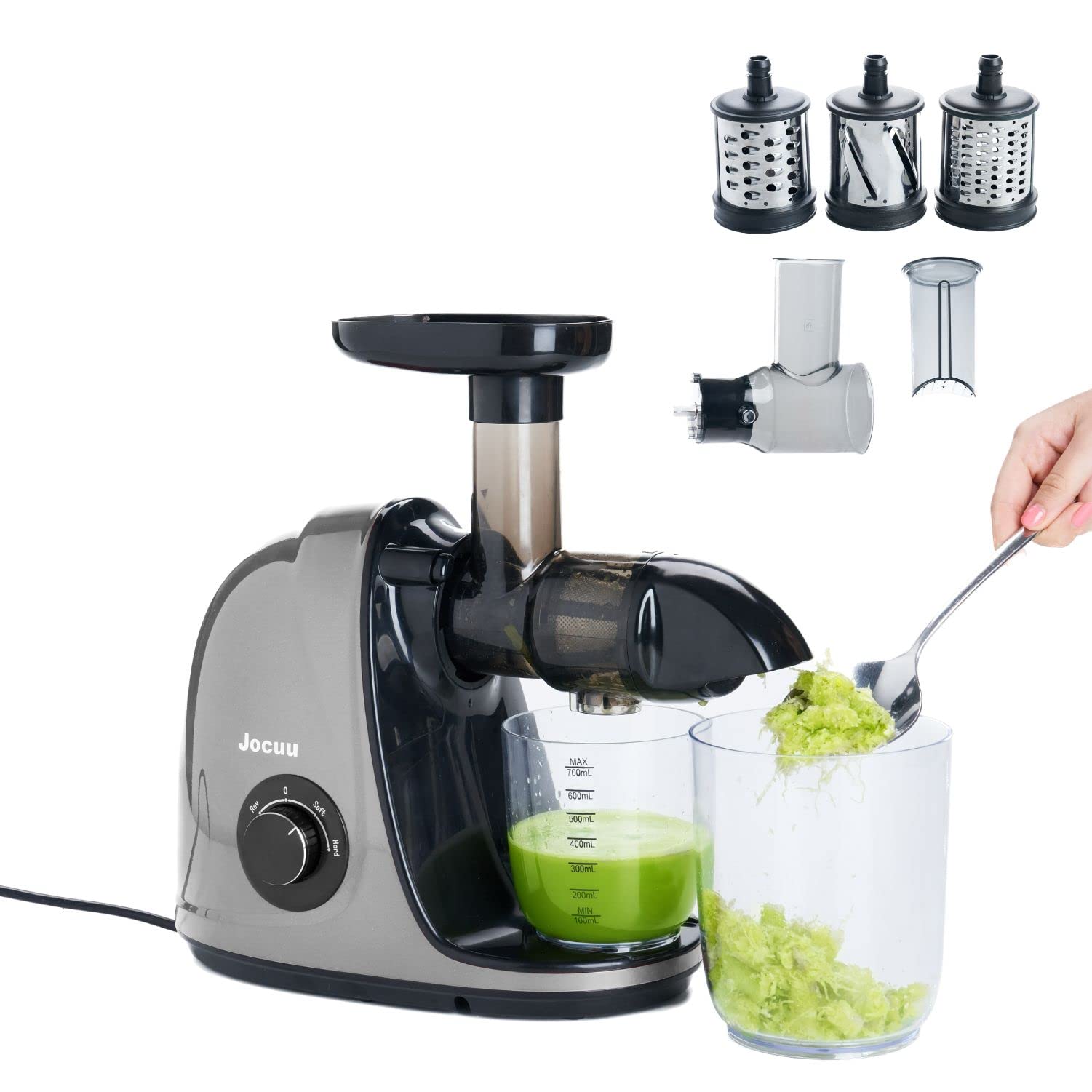 JOCUU Slow Masticating Juicer Bundle Set with Vegetable Shredder/Slicer Attachment, 3 Easy to Use and Clean Interchangeable Blades, Quiet Motor & Reverse Function