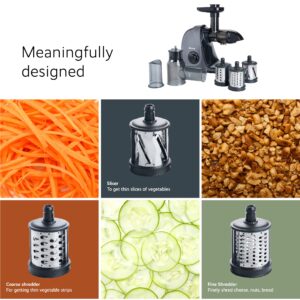 JOCUU Slow Masticating Juicer Bundle Set with Vegetable Shredder/Slicer Attachment, 3 Easy to Use and Clean Interchangeable Blades, Quiet Motor & Reverse Function