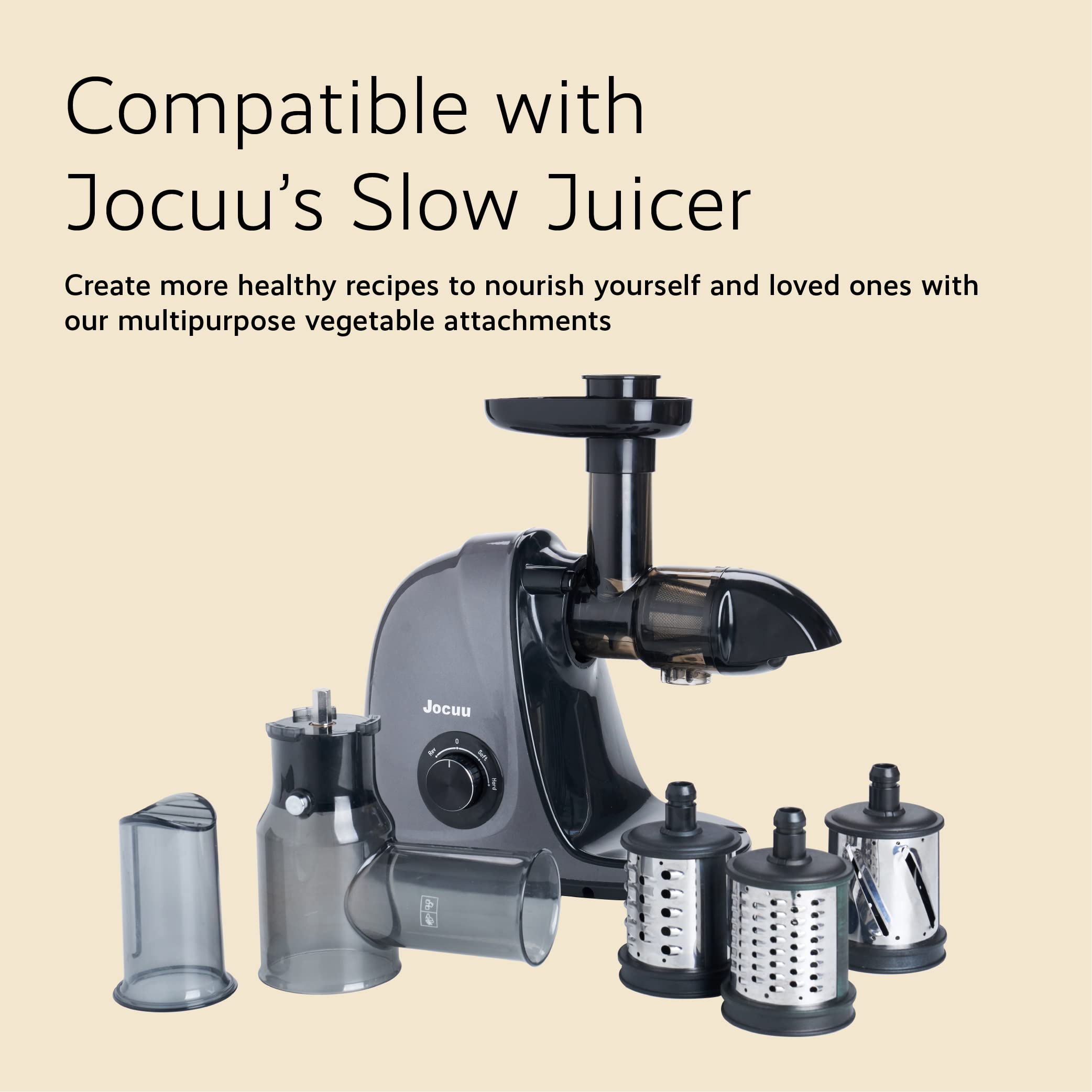 JOCUU Slow Masticating Juicer Bundle Set with Vegetable Shredder/Slicer Attachment, 3 Easy to Use and Clean Interchangeable Blades, Quiet Motor & Reverse Function