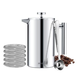 miuly french press 34oz, double insulated 304 stainless steel coffee press,stainless steel french press with 5 extra fliters and 3 additional coffee set(34oz, sliver)