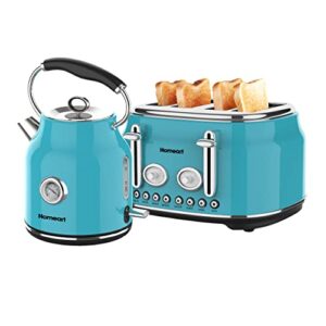 homeart chelsea collection - cordless kettle with temperature gauge and 4-slice toaster with adjustable browning control - stainless steel retro design, turquoise