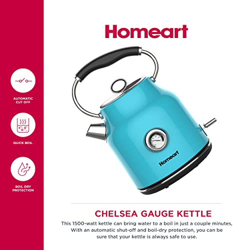 Homeart Chelsea Collection - Cordless Kettle With Temperature Gauge and 4-Slice Toaster with Adjustable Browning Control - Stainless Steel Retro Design, Turquoise